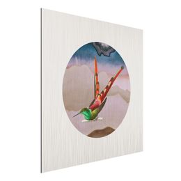 Bilderwelten Alu Dibond Outdoor Bild Tiere bunt Illustration Aquarell - Vogel Collage im Kreis - V&ouml;gel Wohnzimmer Schlafzimmer