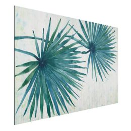 Alu Dibond Outdoor Bild - Tropische Palmenbl&auml;tter Close-Up - originell blau Tropisch Aquarell Pflanzen Wohnzimmer Schlafzimmer
