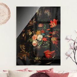 Bilderwelten Glasbild Blumen modern bunt Glas Wandbild - Abraham Mignon - Das umgeworfene Bouquet - Katze Wohnzimmer Schlafzimmer