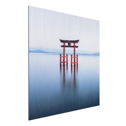 Alu Dibond Outdoor Bild - Torii im Wasser - Stadt blau Motiv wetterfest Asia Wohnzimmer Schlafzimmer