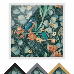 Bilderwelten Bild mit Rahmen Tiere gr&uuml;n Vintage inkl. Rahmung - Blumenparadies Eisvogel und Kolibri - Pflanzen Wohnzimmer Schlafzimmer