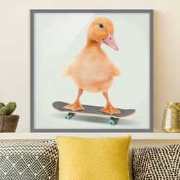 Bilderwelten Bild mit Rahmen Tiere gelb Digital Art inkl. Rahmung - Skate Ente - Lustig Wohnzimmer Schlafzimmer