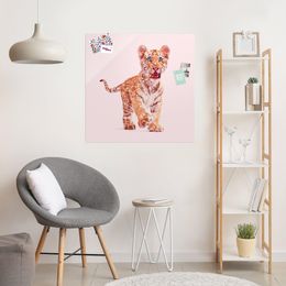 Bilderwelten Glasbild Tiere Fotomontage rosa Glas Wandbild - Tiger mit Glitzer - Tiger Wohnzimmer Schlafzimmer