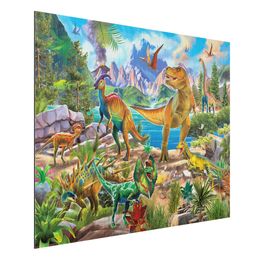 Bilderwelten Alu Dibond Outdoor Bild Tiere bunt Illustration wetterfest - T-Rex und Parasaurolophus - Dinosaurier Kinderzimmer Baby M&auml;dchen Jungen