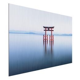 Alu Dibond Outdoor Bild - Torii im Wasser - Stadt blau Motiv wetterfest Asia Wohnzimmer Schlafzimmer