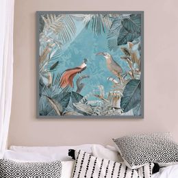 Bilderwelten Bild mit Rahmen Tiere petrol Vintage inkl. Rahmung - Vintage Collage - Paradiesv&ouml;gel - Pflanzen Wohnzimmer Schlafzimmer
