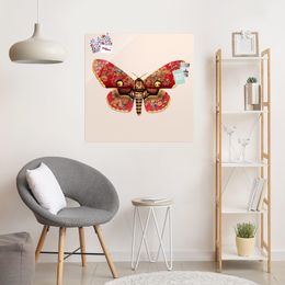 Bilderwelten Glasbild Tiere Vintage rot Glas Wandbild - Vintage Motte - Retro Wohnzimmer Schlafzimmer