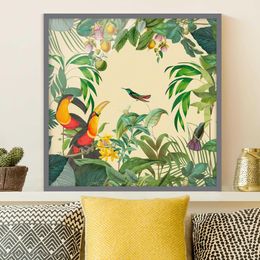 Bilderwelten Bild mit Rahmen Tiere bunt Tropisch inkl. Rahmung - Vintage Collage - V&ouml;gel im Dschungel - V&ouml;gel Wohnzimmer Schlafzimmer