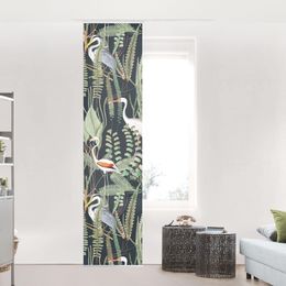 Bilderwelten Schiebegardine Tiere Tropisch Aquarell gr&uuml;n - Flamingos und St&ouml;rche mit Pflanzen auf Gr&uuml;n - Pflanzen Schiebevorhang Wohnzimmer Schlafzimmer