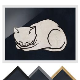 Bilderwelten Bild mit Rahmen Tiere schwarz weiss Illustration inkl. Rahmung - Schlafende Katze Illustration - Katze Wohnzimmer Schlafzimmer