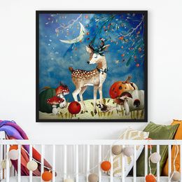Bilderwelten Bild mit Rahmen Aquarell Reh im Mondschein