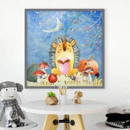 Bilderwelten Bild mit Rahmen blau Illustration Aquarell - Aquarell Igel im Herbst - Deko Kinderzimmer Baby M&auml;dchen Jungen