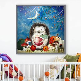 Bilderwelten Bild mit Rahmen blau Illustration Aquarell - Aquarell Igel im Mondschein - Deko Kinderzimmer Baby M&auml;dchen Jungen