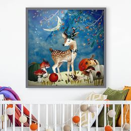 Bilderwelten Bild mit Rahmen blau Illustration Aquarell - Aquarell Reh im Mondschein - Deko Kinderzimmer Baby M&auml;dchen Jungen