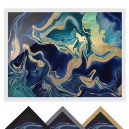 Bilderwelten Bild mit Rahmen blau Illustration Aquarell - Spiel der Farben Indigo Feuer - Deko Wohnzimmer Schlafzimmer