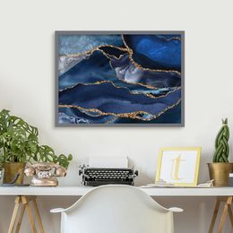 Bilderwelten Bild mit Rahmen blau Abstrakt inkl. Rahmung - Goldene Glitzer Wellen vor Blau - Deko Wohnzimmer Schlafzimmer