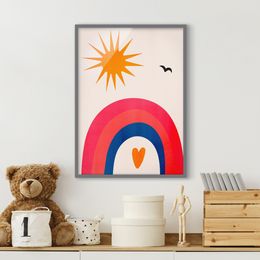 Bilderwelten Bild mit Rahmen Tiere bunt Abstrakt inkl. Rahmung - Sonnenschein und Regenbogen - Herz Kinderzimmer Baby M&auml;dchen Jungen