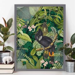 Bilderwelten Bild mit Rahmen Tiere gr&uuml;n Tropisch inkl. Rahmung - Bunte Collage - Kakadus im Dschungel - Pflanzen Wohnzimmer Schlafzimmer