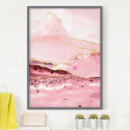 Bilderwelten Bild mit Rahmen Abstrakte Berge Rosa mit Goldenen Linien