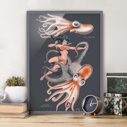 Bilderwelten Bild mit Rahmen Tiere blau Vintage inkl. Rahmung - Nymphe mit Oktopussen - Lustig Wohnzimmer Schlafzimmer