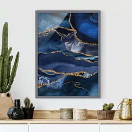 Bilderwelten Bild mit Rahmen blau Abstrakt inkl. Rahmung - Goldene Glitzer Wellen vor Blau - Deko Wohnzimmer Schlafzimmer