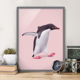 Bilderwelten Bild mit Rahmen Tiere rosa Digital Art inkl. Rahmung - Flip-Flop Pinguin - Lustig Wohnzimmer Schlafzimmer