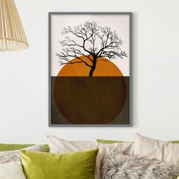 Bilderwelten Bild mit Rahmen Wald orange Abstrakt inkl. Rahmung - Sonne mit Baum - B&auml;ume Wohnzimmer Schlafzimmer