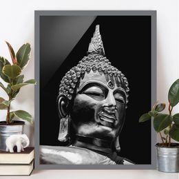 Bilderwelten Bild mit Rahmen Spirituell schwarz weiss Motiv inkl. Rahmung - Buddha Statue Gesicht - Buddha Wohnzimmer Schlafzimmer