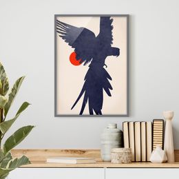 Bilderwelten Bild mit Rahmen Tiere blau modern inkl. Rahmung - Blauer Papagei vor roter Sonne - V&ouml;gel Wohnzimmer Schlafzimmer