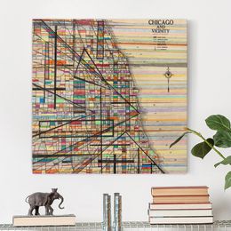 Bilderwelten Leinwandbild Weltkarte Illustration Kunstdruck bunt - Moderne Karte von Chicago - Karten XXL Wohnzimmer Schlafzimmer