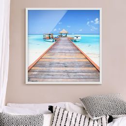 Bilderwelten Bild mit Rahmen Strand blau Motiv 3D-Effekt - Steg am Meer - Karibik Wohnzimmer Schlafzimmer