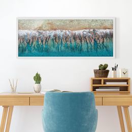 Bilderwelten Bild mit Rahmen Strand t&uuml;rkis Motiv inkl. Rahmung - Welle am Strand - Landschaft Wohnzimmer Schlafzimmer