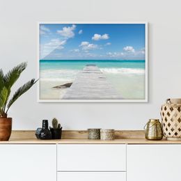 Bilderwelten Bild mit Rahmen Strand blau Motiv 3D-Effekt - Steg ins Meer - Steg Wohnzimmer Schlafzimmer