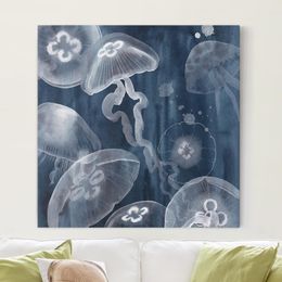 Bilderwelten Leinwandbild Tiere modern Aquarell blau - Mondmedusen I - Wandbild XXL Wohnzimmer Schlafzimmer