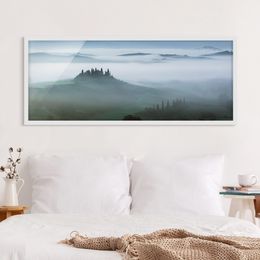 Bilderwelten Bild mit Rahmen Natur türkis Motiv inkl. Rahmung - Bauernhaus im Nebel - Landschaft Wohnzimmer Schlafzimmer