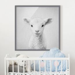 Bilderwelten Bild mit Rahmen Tiere schwarz weiss Motiv inkl. Rahmung - Baby Lamm Lina Schwarz Wei&szlig; - Deko Kinderzimmer Baby M&auml;dchen Jungen
