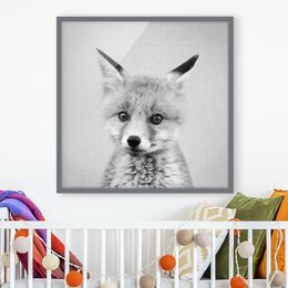 Bilderwelten Bild mit Rahmen Tiere schwarz weiss Motiv inkl. Rahmung - Baby Fuchs Fritz Schwarz Wei&szlig; - Deko Kinderzimmer Baby M&auml;dchen Jungen