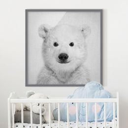Bilderwelten Bild mit Rahmen Tiere schwarz weiss Motiv inkl. Rahmung - Baby Eisb&auml;r Emil Schwarz Wei&szlig; - B&auml;r Kinderzimmer Baby M&auml;dchen Jungen