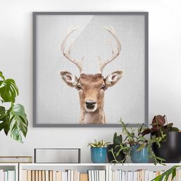 Bilderwelten Bild mit Rahmen Tiere schwarz weiss Motiv inkl. Rahmung - Hirsch Heinrich - Hirsch Kinderzimmer Baby M&auml;dchen Jungen