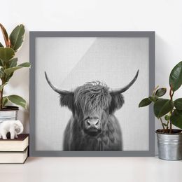 Bilderwelten Bild mit Rahmen Tiere schwarz weiss Motiv inkl. Rahmung - Hochlandrind Harry Schwarz Wei&szlig; - Deko Kinderzimmer Baby M&auml;dchen Jungen