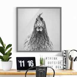 Bilderwelten Bild mit Rahmen Tiere schwarz weiss Motiv inkl. Rahmung - Henne Henriette Schwarz Wei&szlig; - V&ouml;gel Kinderzimmer Baby M&auml;dchen Jungen