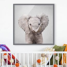Bilderwelten Bild mit Rahmen Tiere schwarz weiss Motiv inkl. Rahmung - Baby Elefant Elsa - Elefant Kinderzimmer Baby M&auml;dchen Jungen