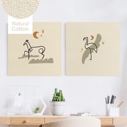 Bilderwelten Leinwandbild Picasso Interpretation - Pferd und Flamingo - Wandbild bis XXL Print Abstrakt Illustration Kunstdruck Tiere Wohnzimmer Beige
