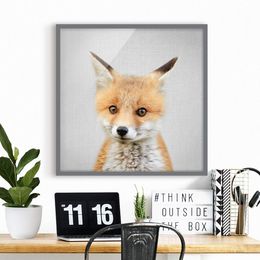 Bilderwelten Bild mit Rahmen Tiere schwarz weiss Motiv inkl. Rahmung - Baby Fuchs Fritz - Deko Kinderzimmer Baby M&auml;dchen Jungen