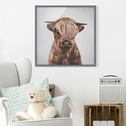 Bilderwelten Bild mit Rahmen Tiere schwarz weiss Motiv inkl. Rahmung - Baby Hochlandrind Henri - Deko Kinderzimmer Baby M&auml;dchen Jungen