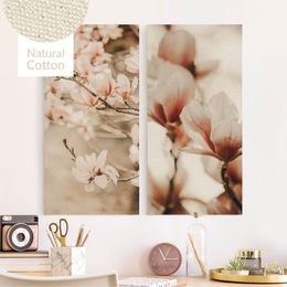 Bilderwelten Leinwandbild Blumen Motiv Kunstdruck beige - Magnolienbl&uuml;ten Set - Wandbild XXL Wohnzimmer Schlafzimmer