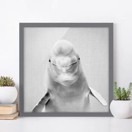 Bilderwelten Bild mit Rahmen Tiere schwarz weiss Motiv inkl. Rahmung - Belugawal Bob Schwarz Wei&szlig; - Fische Kinderzimmer Baby M&auml;dchen Jungen