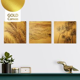 Bilderwelten 3-teiliges Leinwandbild Strand und goldene Palmen