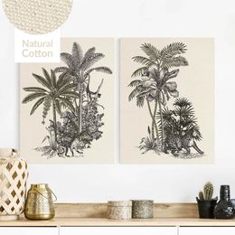 Bilderwelten Leinwandbild Natur Tropisch Kunstdruck schwarz weiss - Vintage Illustration - Affe und Tiger - Palme XXL Wohnzimmer Schlafzimmer