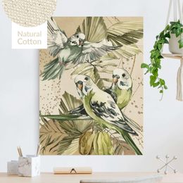 Bilderwelten Leinwandbild Tiere Tropisch Aquarell Leinwanddruck - Tropische V&ouml;gel - Gr&uuml;ne Wellensittiche - Pflanzen XXL Jugendzimmer